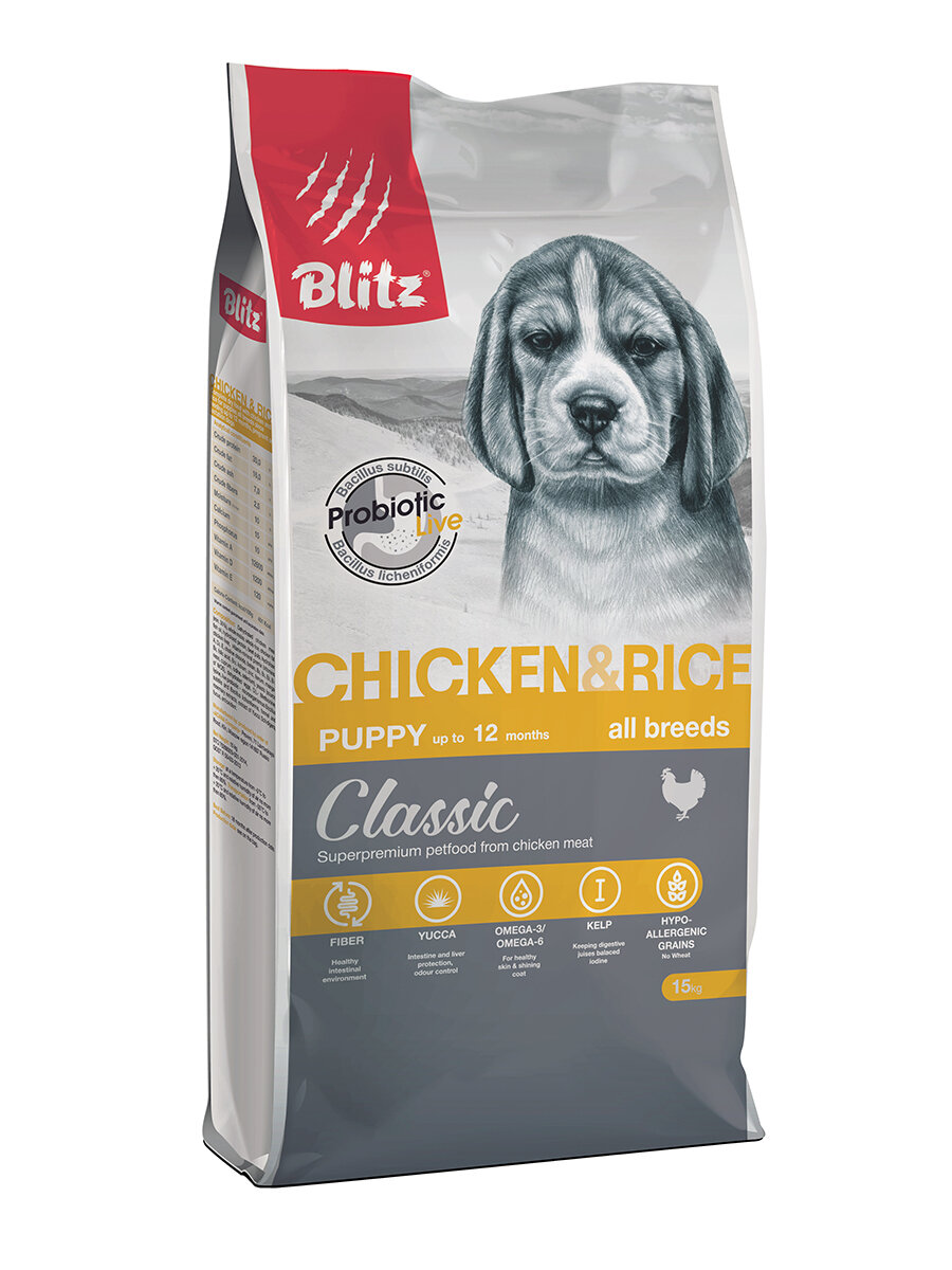 Blitz Puppy Classic Chicken & Rice сухой корм для щенков, курица и рис 15 кг