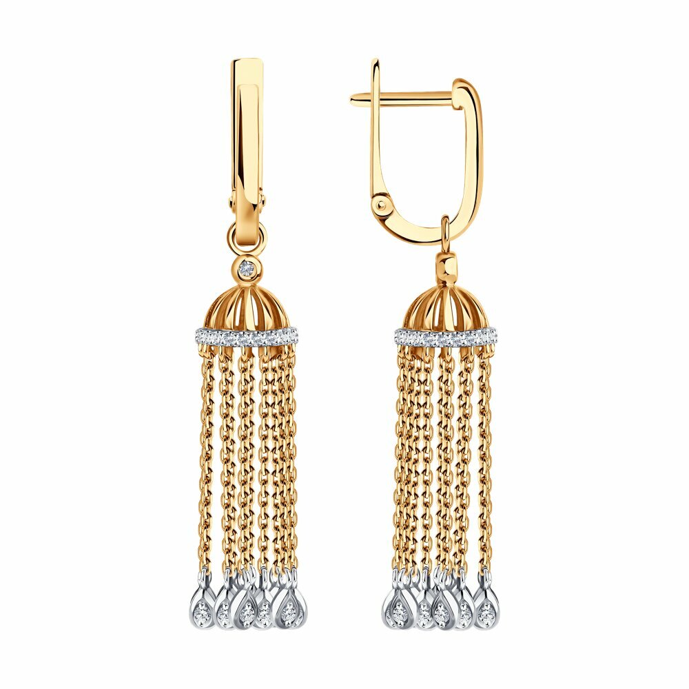 Серьги с подвесками, комбинированное золото, 585 проба, бриллиант