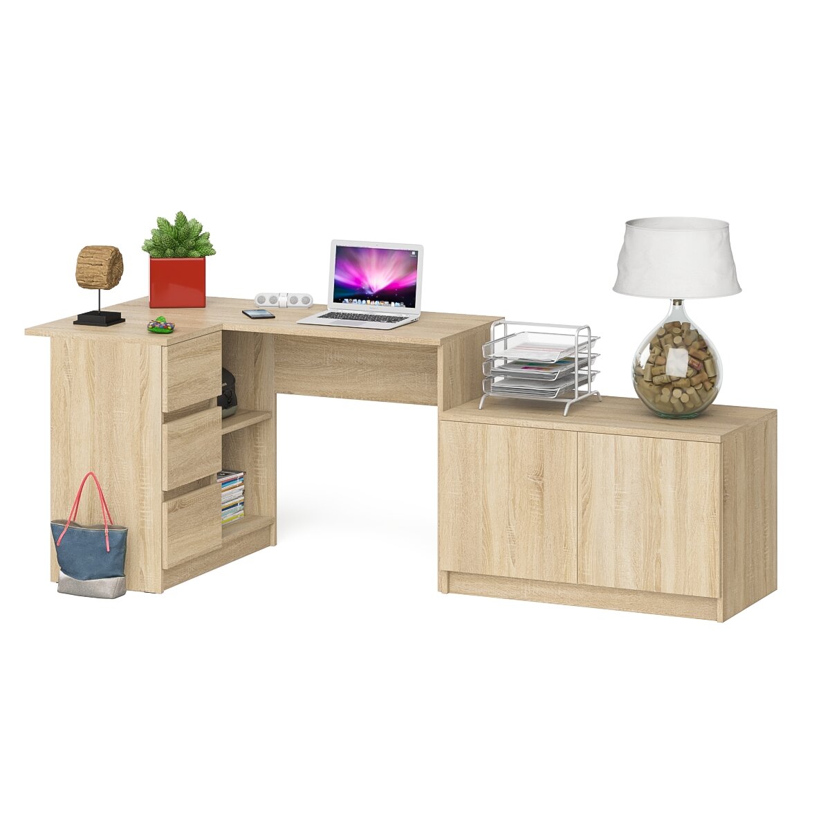 Компьютерный угловой стол СВК Мори левое исполнение с широкой тумбой МА-900 дуб сонома