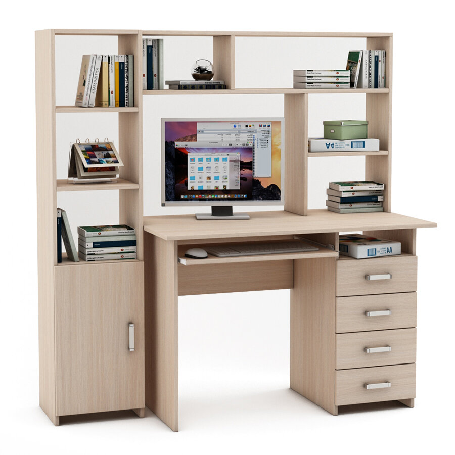 Стол письменный, компьютерный Лайт (Ньюкасл) 5К с надстройкой и стеллажом цвет: Дуб молочный