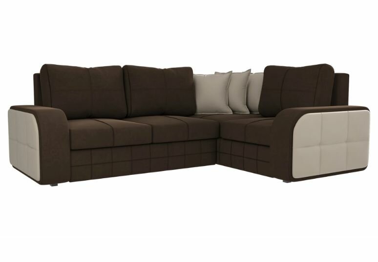 Угловой диван Николь №2 Велюр Коричневый-Экокожа Бежевый, Угол правый, Ящик для белья, 268х195х95