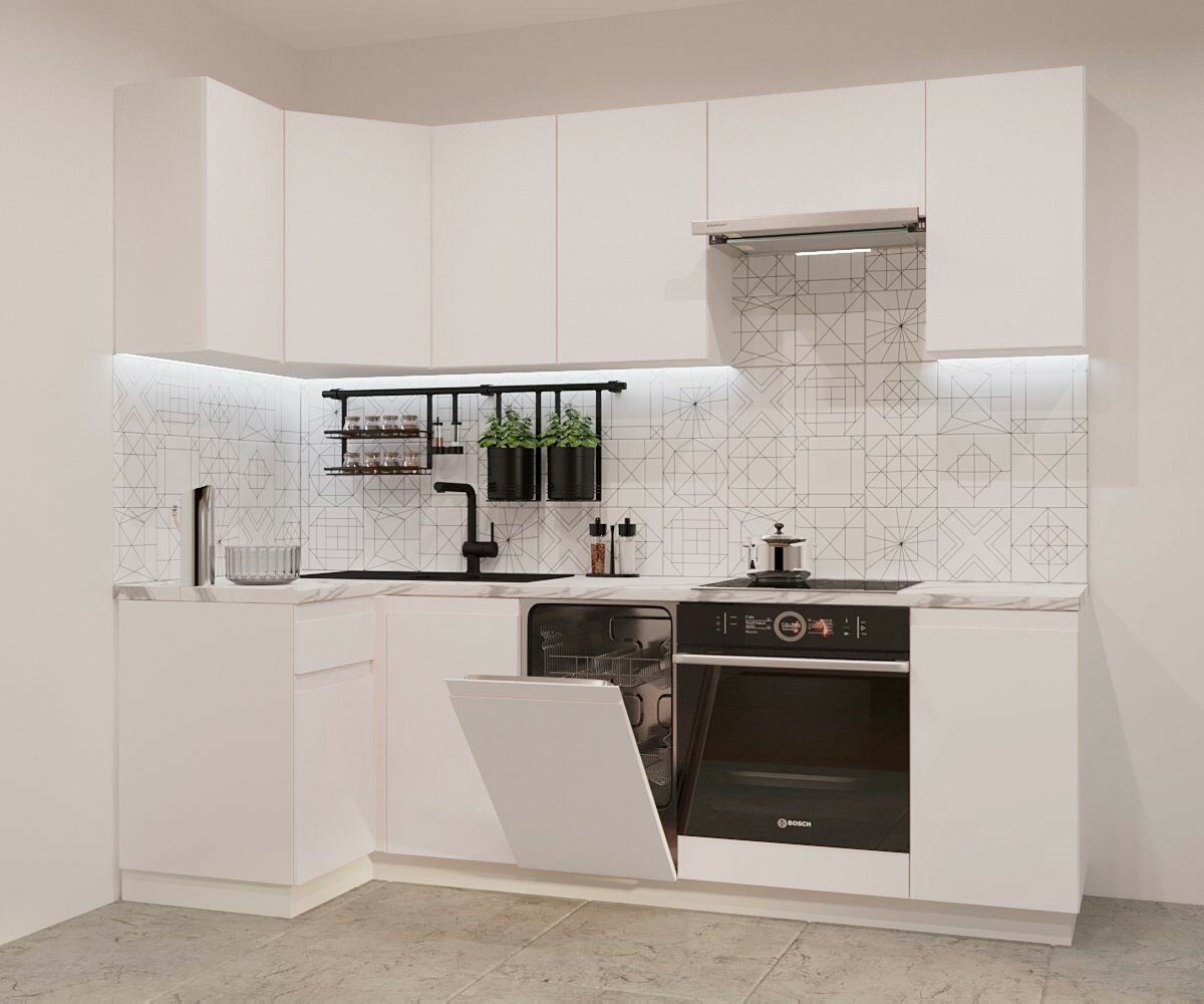 Кухонный угловой гарнитур Лайн Тальк, белый /тальк матовый, фасады МДФ, 1000х2450 мм