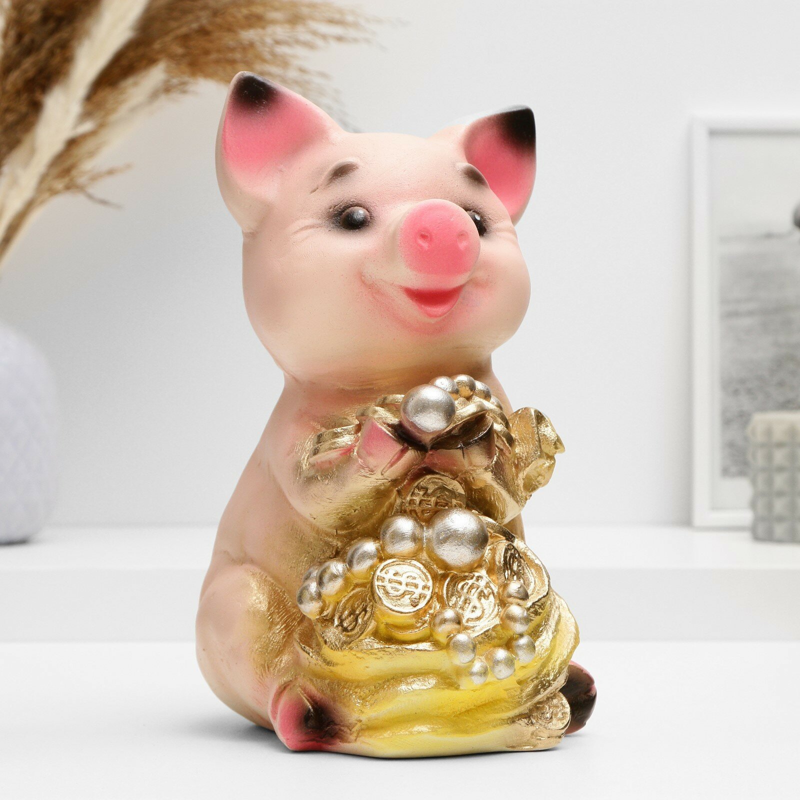 Копилка для денег «Поросёнок большой с мешком», гипс, 17×14×24 см микс