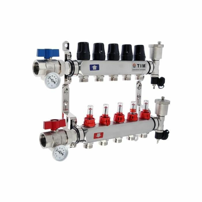 Коллекторная группа 1"-5 вых квадрат (с дренаж. краном и воздухоотвод) нерж. корпус, TIM