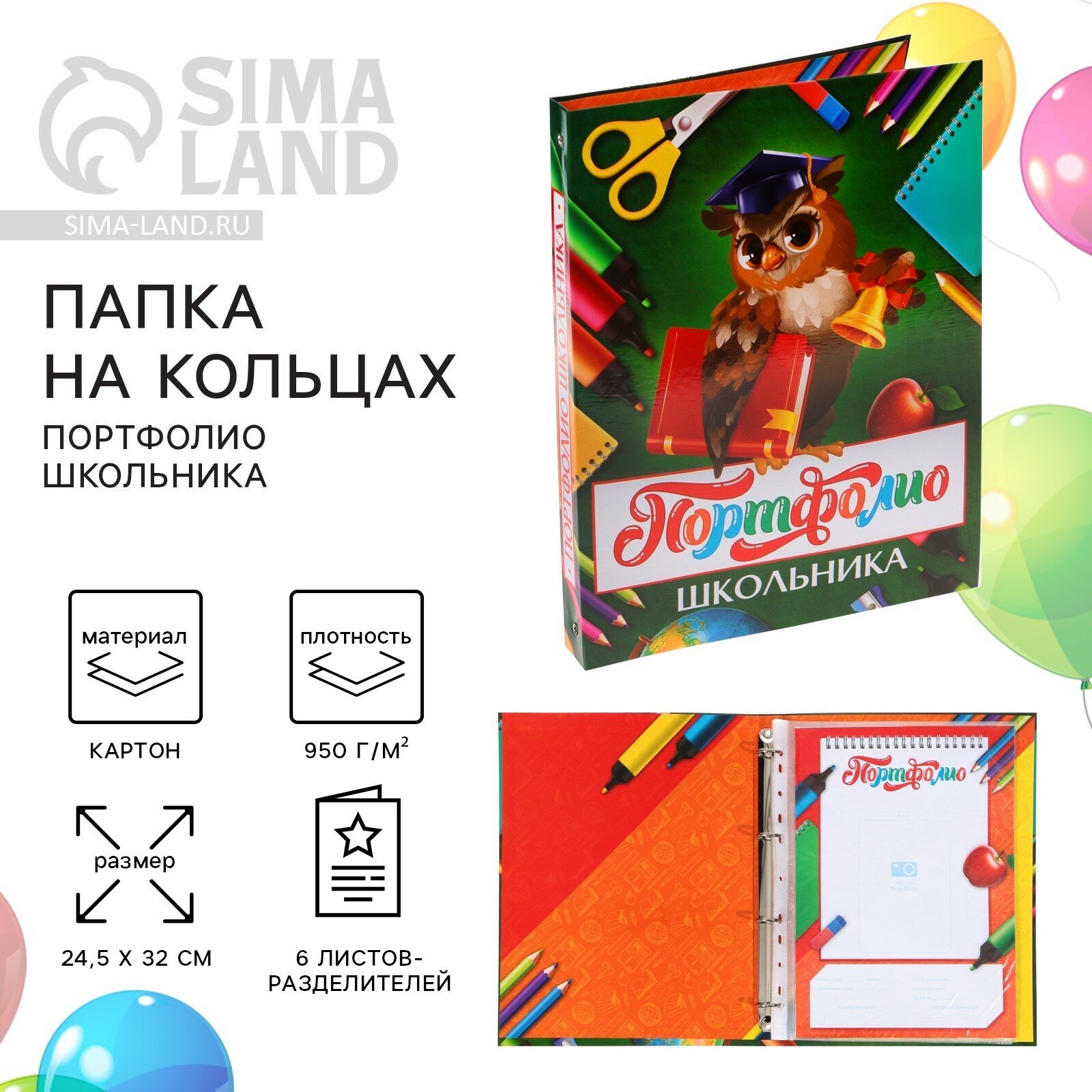 Папка школьная на кольцах «Портфолио школьника», 6 листов-разделителей, 24.5×32 см