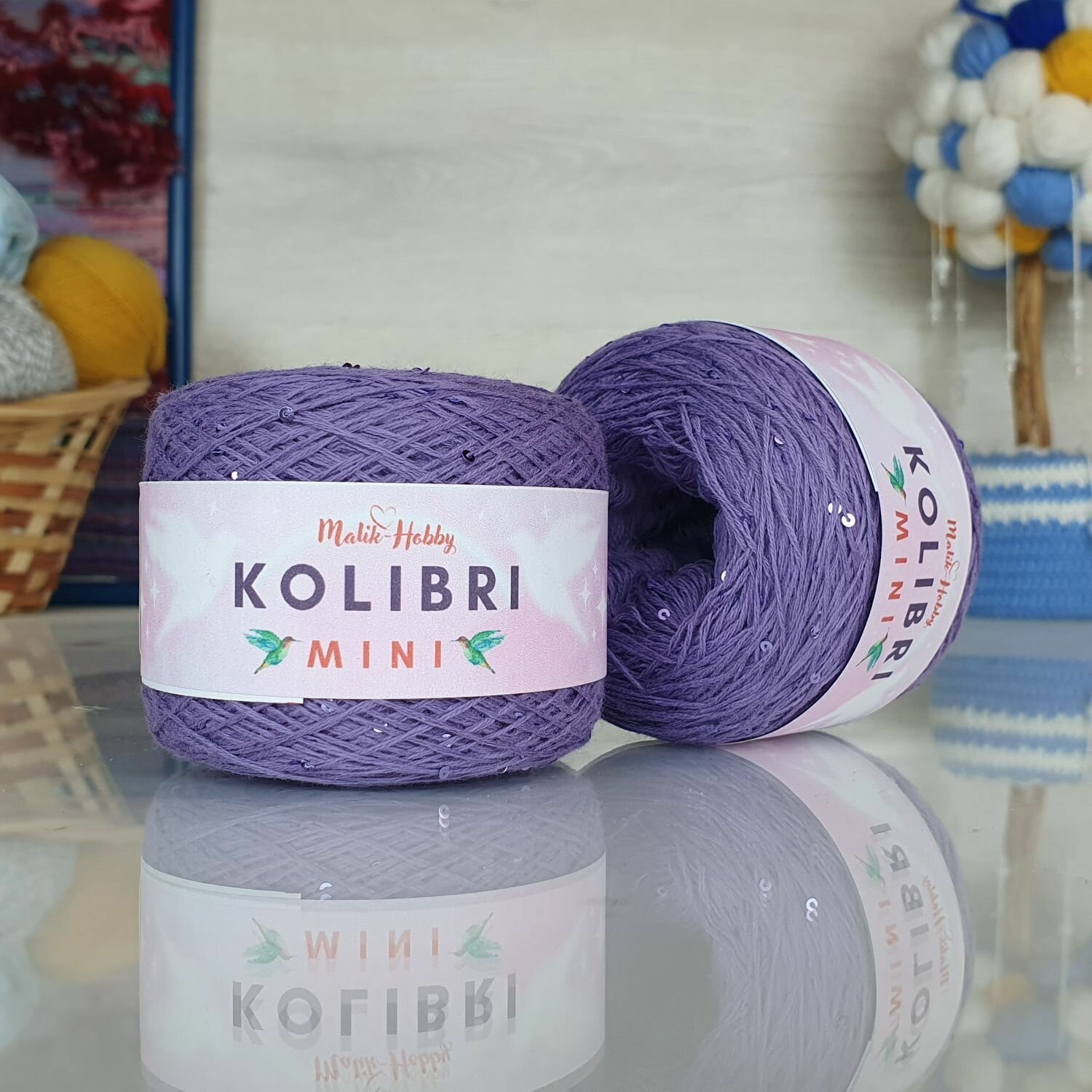 Пряжа MALIK HOBBY Колибри мини, т. сиреневый с сиреневыми пайетками - 026, 95% хлопок, 5% пайетки, 2 мотка, 50 г, 425 м.