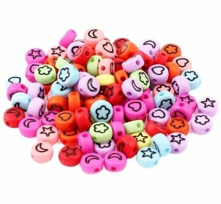 Бусины круглые "Сердце, луна, звезда"/ цв. матовый разноцветный/ 4х7мм - 300 штук