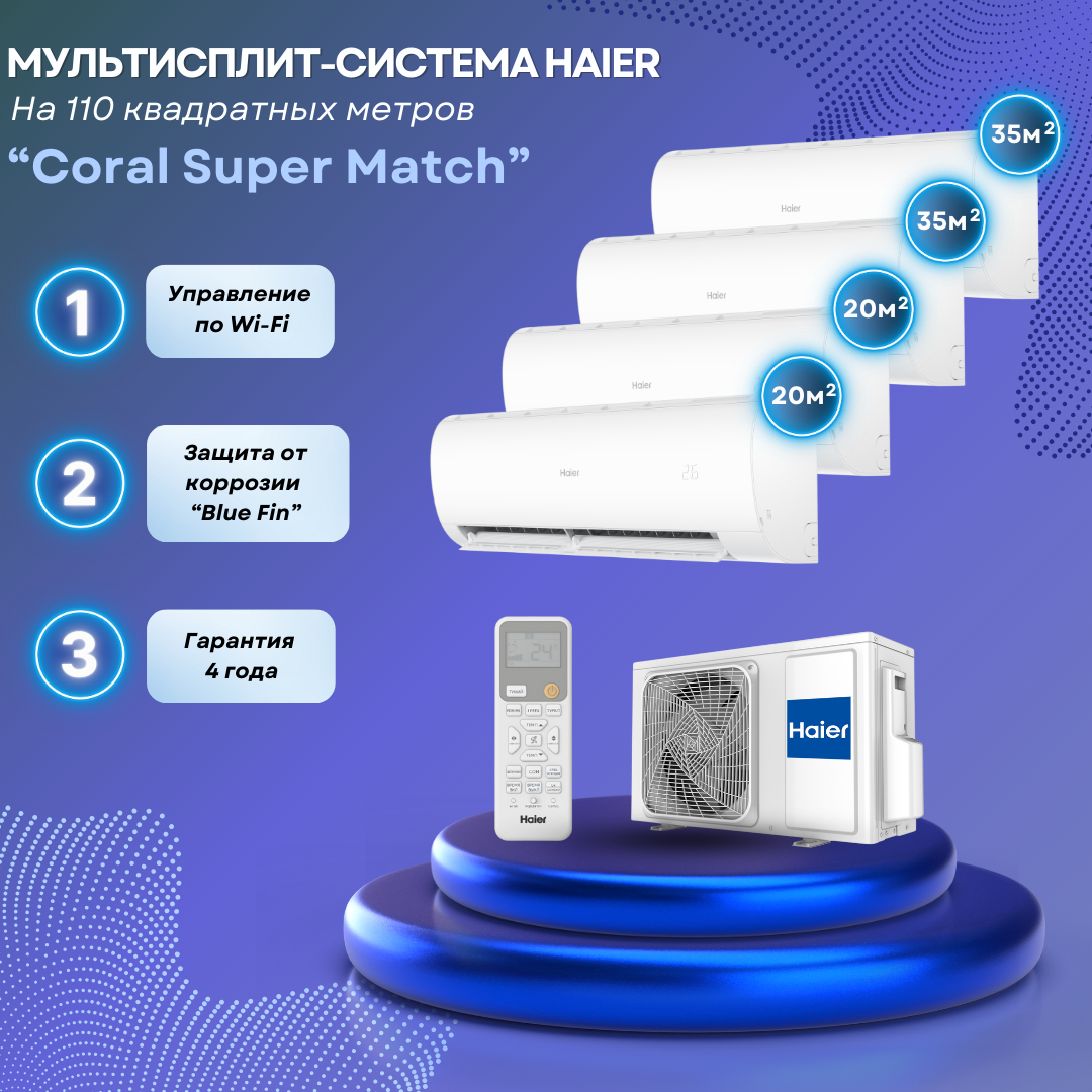 Мультисплит-система Haier Coral Super Match 2 x AS20PS1HRA-M + 2 x AS35PS1HRA-M / 5U105S2SS5FA на 4 комнаты 20+20+35+35 м²