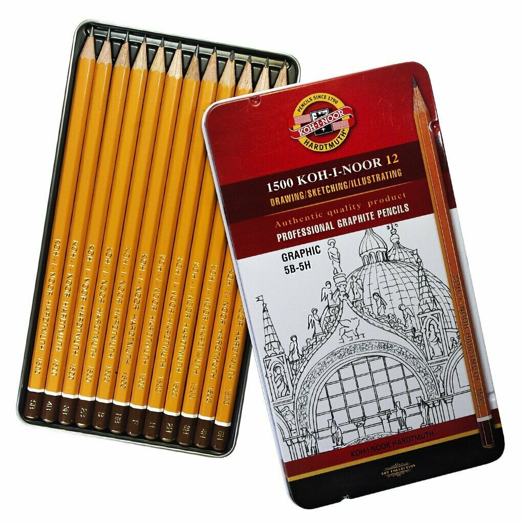 Набор карандашей Koh-I-Noor 12 шт 1500 Graphic, 5B-5H, заточен, метал. пенал