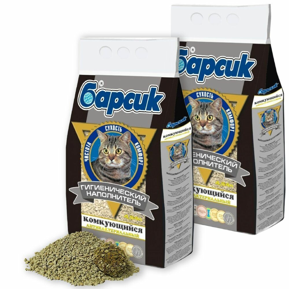 Наполнитель для кошачьего туалета Барсик Комкующийся, впитывает до 7л. 4,54 л - 2 упаковки