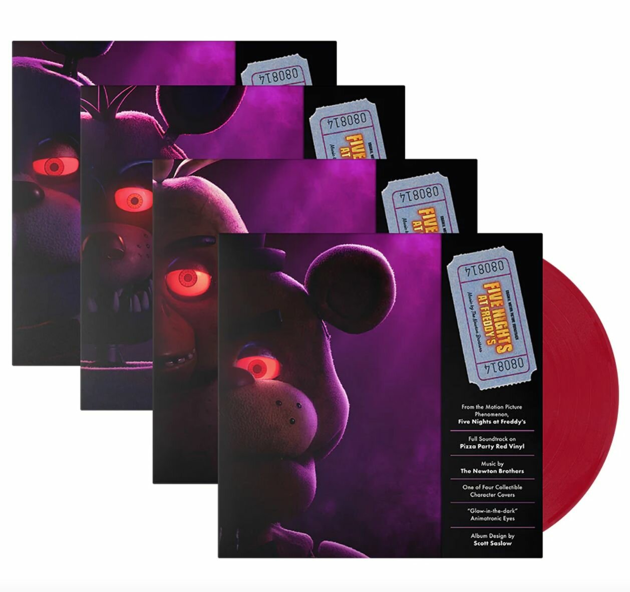 Five Nights At Freddy's OST (Pizza Party Red Limited FNAF Soundtrack) Цвет Красной Пицца-Вечеринки, Виниловая Пластинка со случайной Альтернативной Обложкой и Светящимся в Темноте Глазом Аниматроника