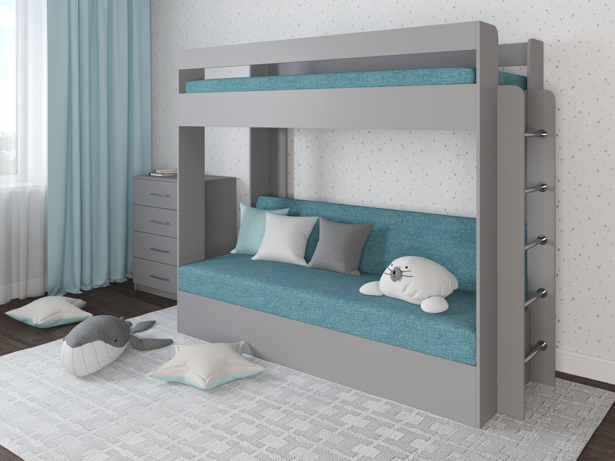 Кровать двухъярусная с диваном Есэндвич new Лаворо (Вулканический серый/Savana Plus Lagoon)