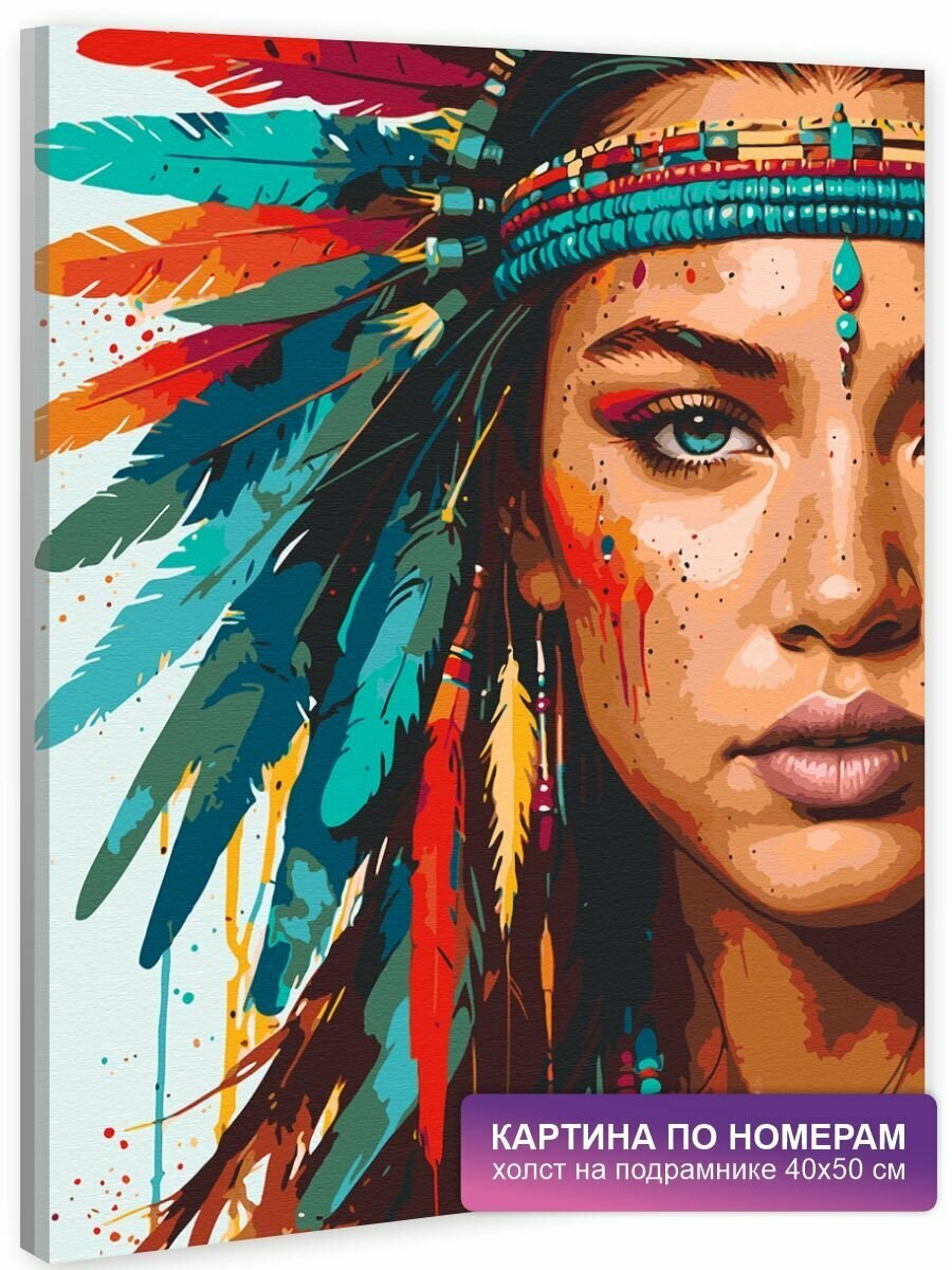 Картина по номерам на холсте с подрамником 40х50 см. Мир, вселенная, человек, люди. "Девушка-индеец", арт. 5288/