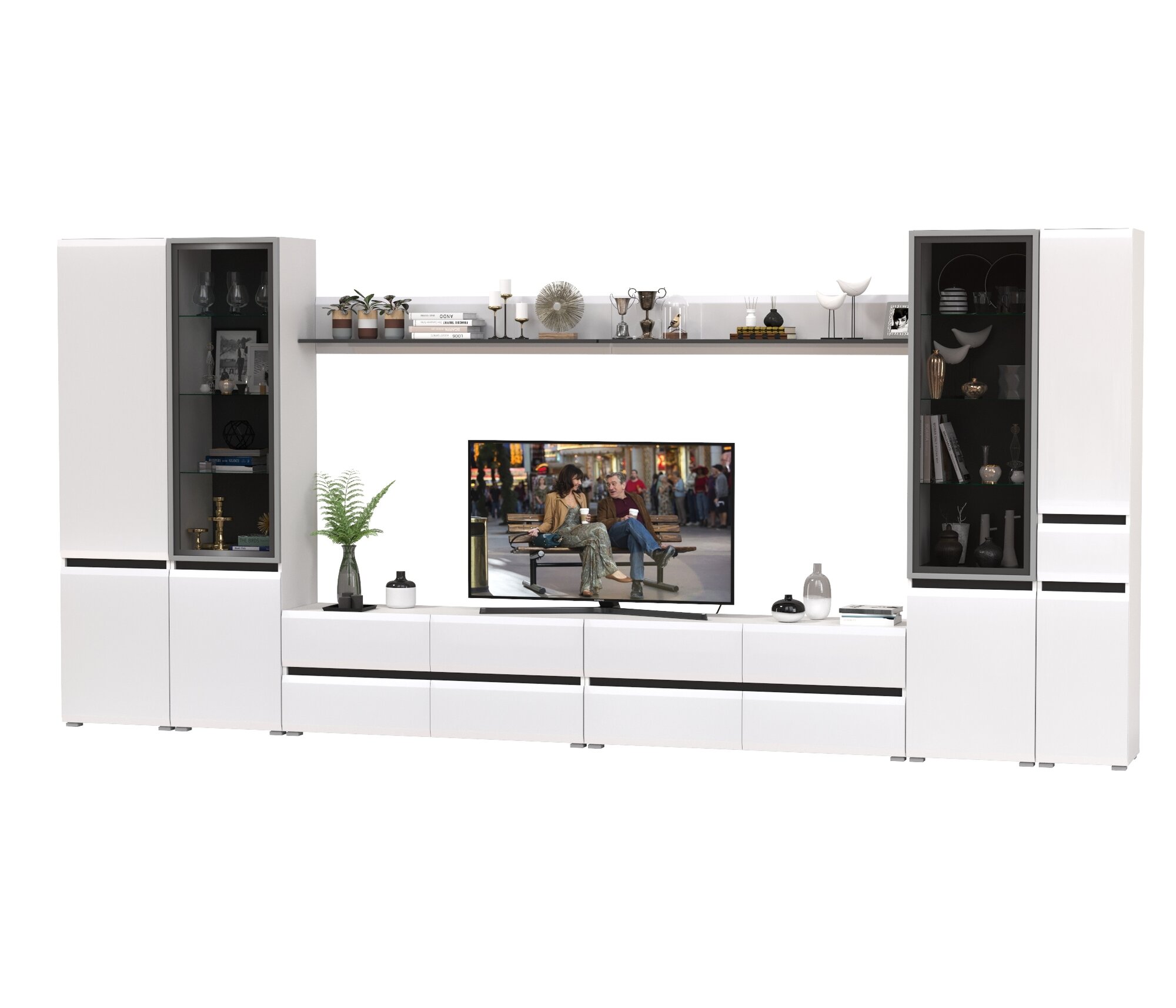 Мебель в гостиную корпусная Моби Сидней № 112, цвет белый/чёрный/МДФ белый глянец, 444,8х41,3х205,2 см.