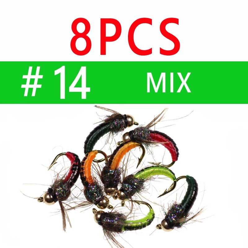Bimoo Мухи для нахлыста 8 шт, #12 #14 Зеленый, 8pcs size14 MIX