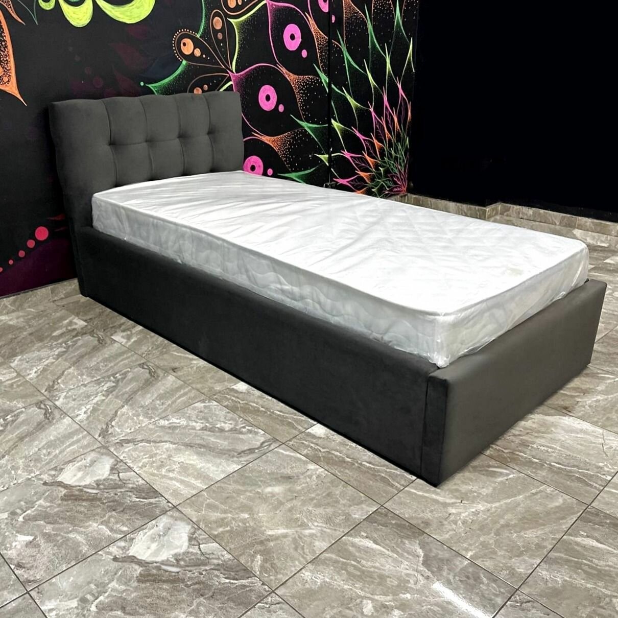 Кровать Летти 80х200 односпальная с подъемным механизмом, с ящиком для белья, темно-серая