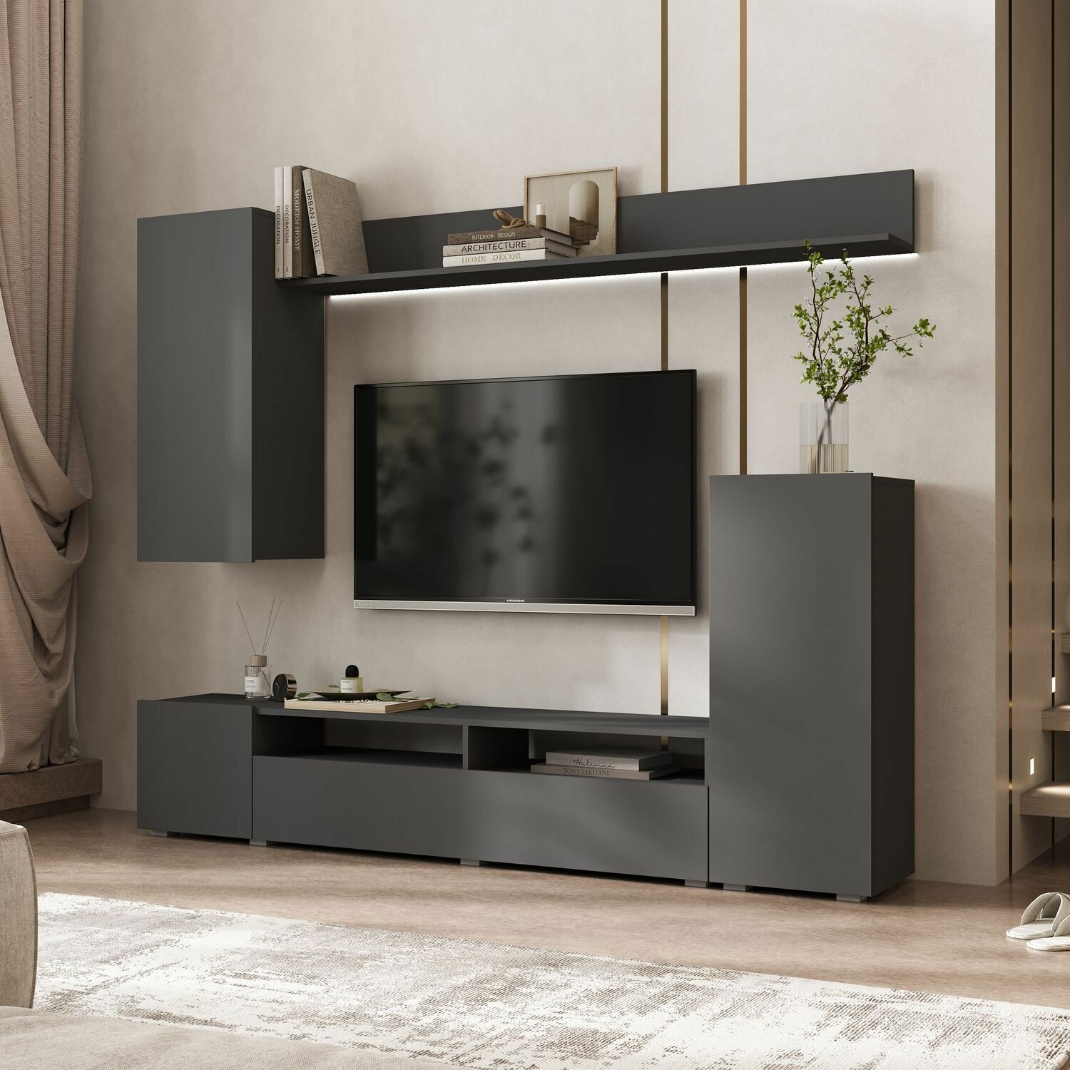 Стенка модульная "Верона", под ТВ, ЛДСП, графит, 213х170,4х34,6 см