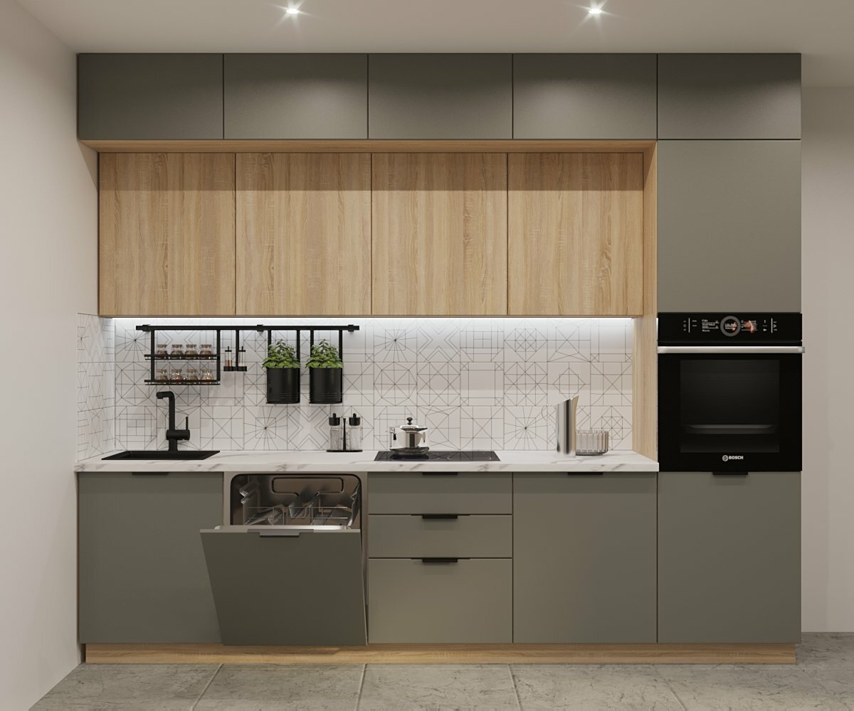 Кухонный гарнитур Фаска Обсидиан/ Сонома, 3000 мм, с пеналом для бытовой техники