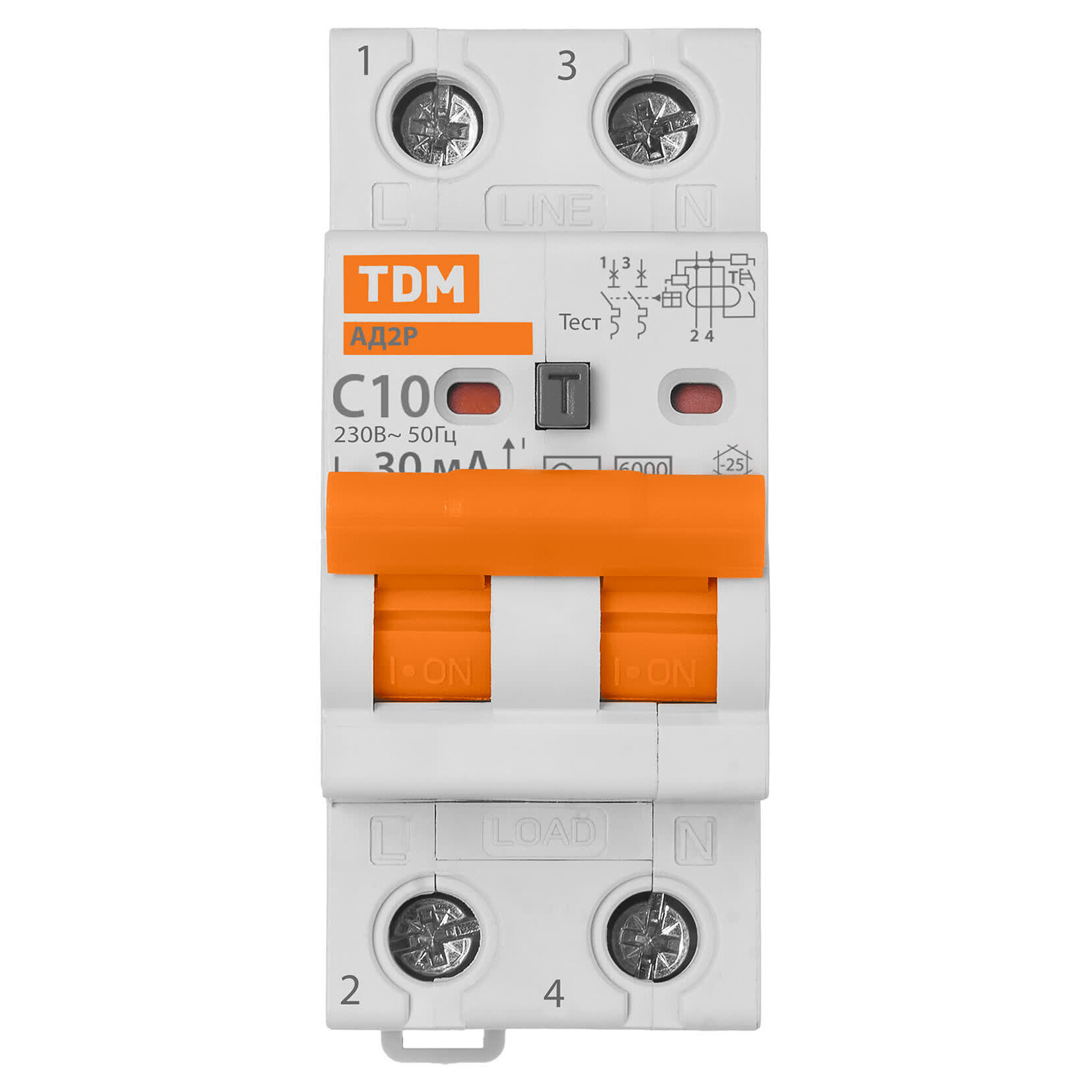 Дифференциальный автоматический выключатель АД2P 2Р С10 30мА 6кА тип АС, TDM SQ0204-0604 (1 шт.)