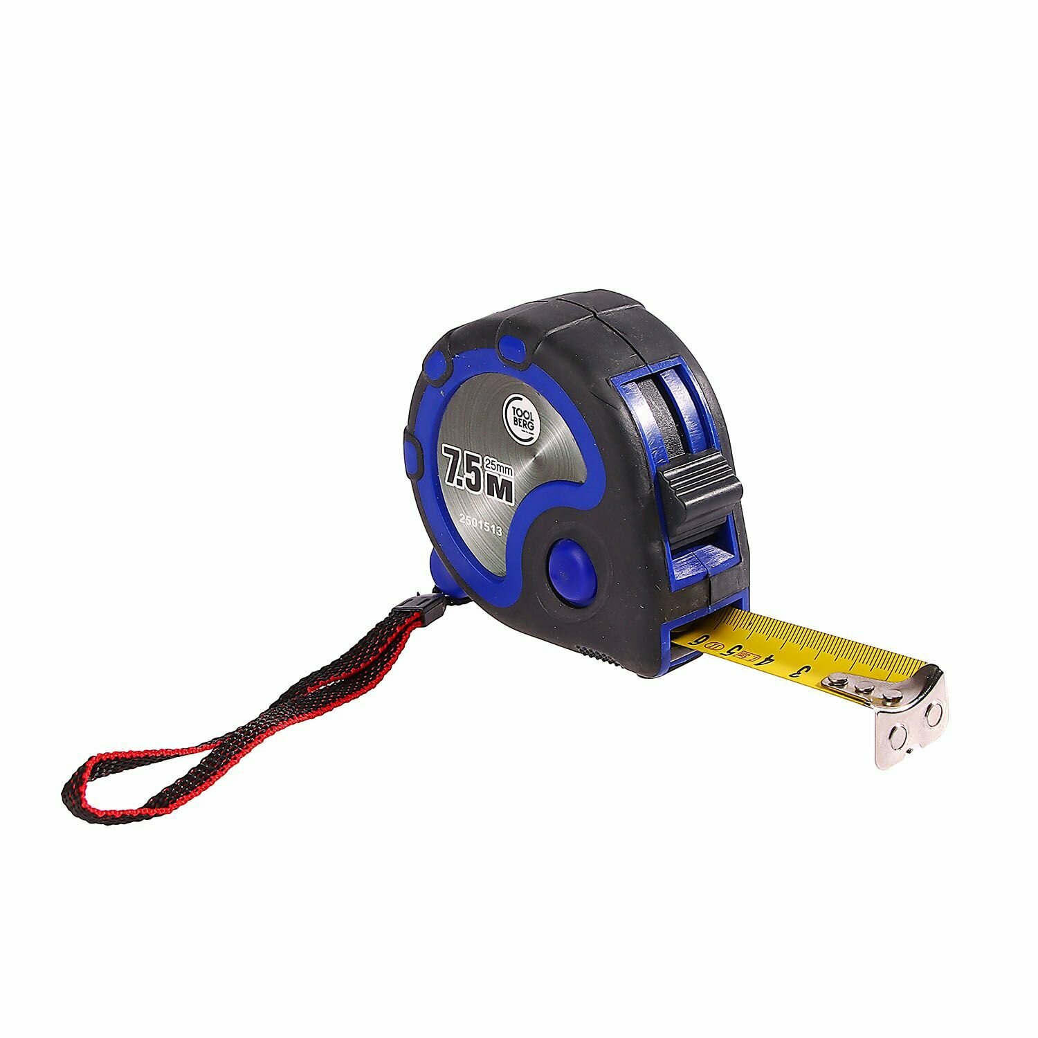 Рулетка Toolberg 7,5 метров х 25мм, резино-пластиковый корпус, стальная лента, три фиксатора с магнитами