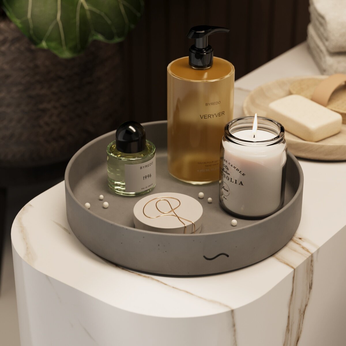 Декоративный поднос для ванной, подставка для косметики Astrid High L, 25x5см, бетон, серый матовый