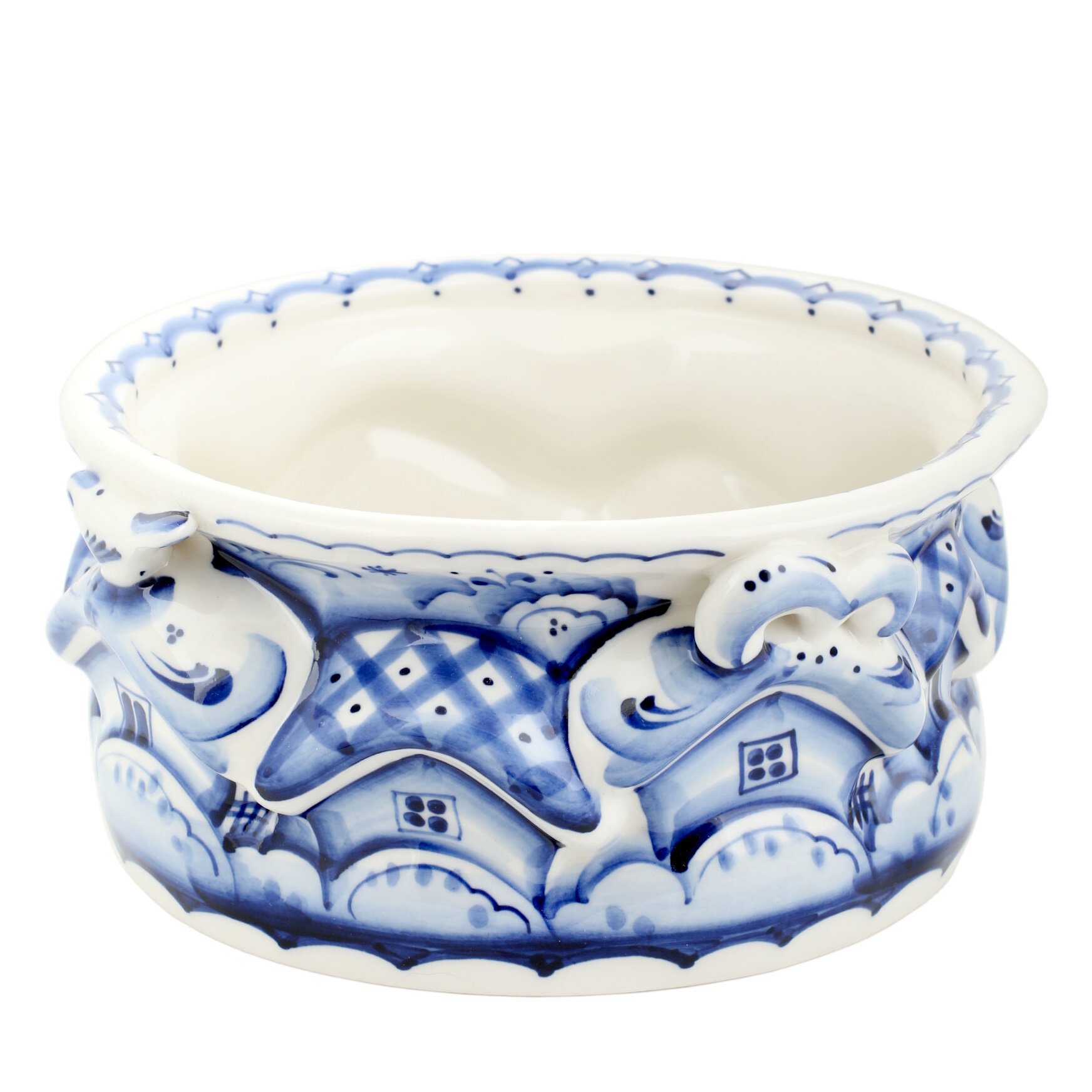 Гжель Конфетница Деревенька, круглая, авт. Исаев