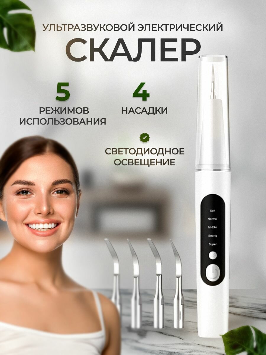 Ультразвуковой скалер для удаления зубного камня и отбеливания, электрический домашний аппарат, 4 насадки, безопасный режим Soft, комплект для чистки зубов человеку и животным