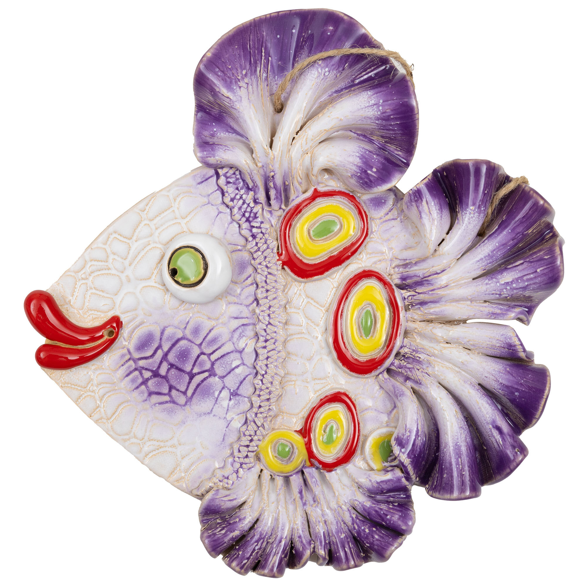 Панно декоративное Золотая рыбка фиолетовая круглая керамическое авторской ручной работы (КМА-ПД-124)