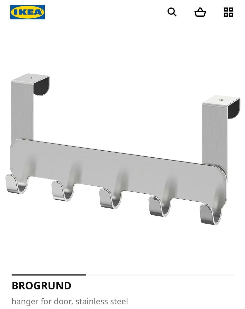 Вешалка на дверь BROGRUND, нержавеющая сталь, 5 крючков, цвет серебристый