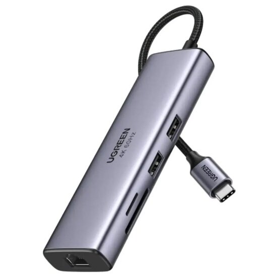 Хаб (разветвитель) Ugreen USB-C - 2xUSB 3.0, HDMI 4K60Hz, RJ45, SD/MicroSD, PD 100W, серый (60515)