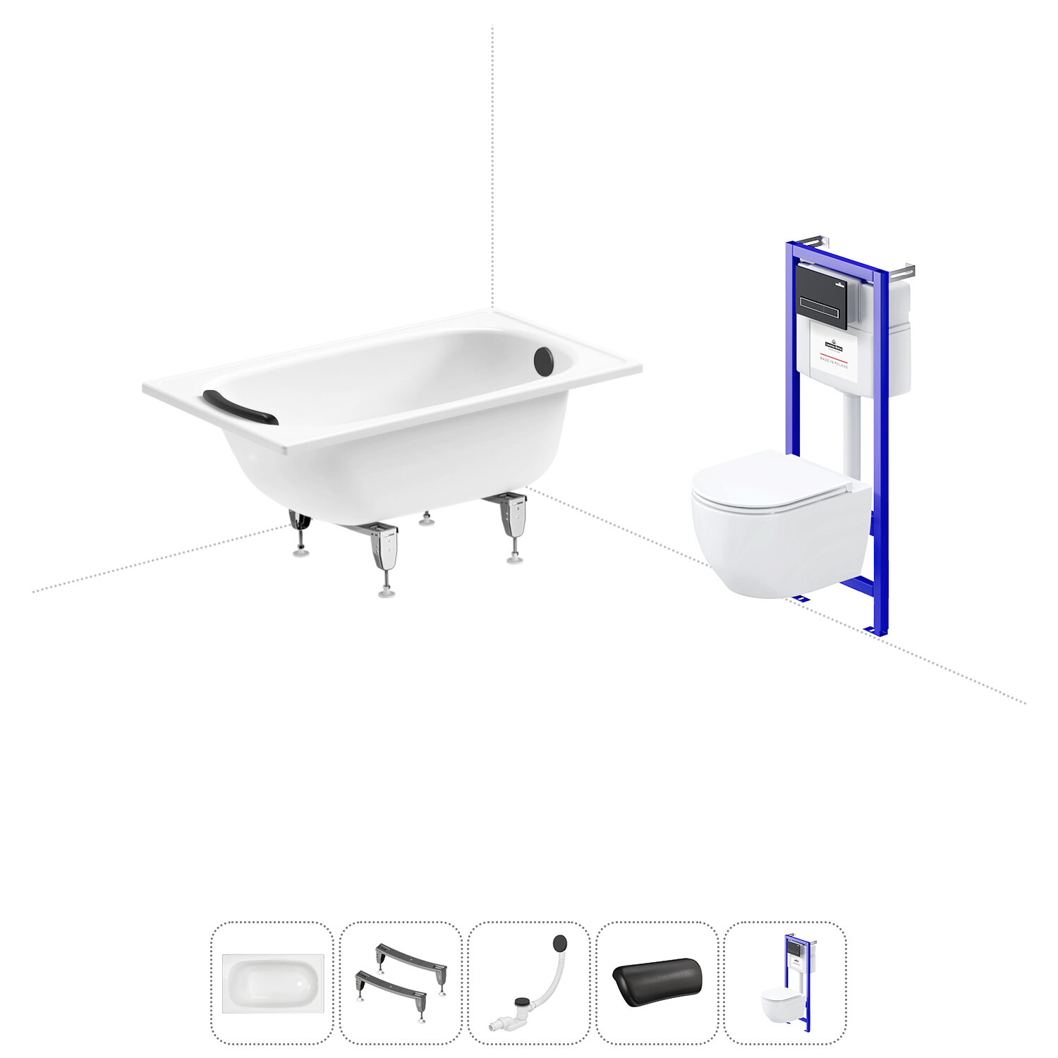Стальная ванна 105х70 Sanitana BLB Europa 20220759R в наборе 5 в 1: металлическая ванна 105 х 70 см, ножки, слив-перелив, подголовник, инсталляция с унитазом