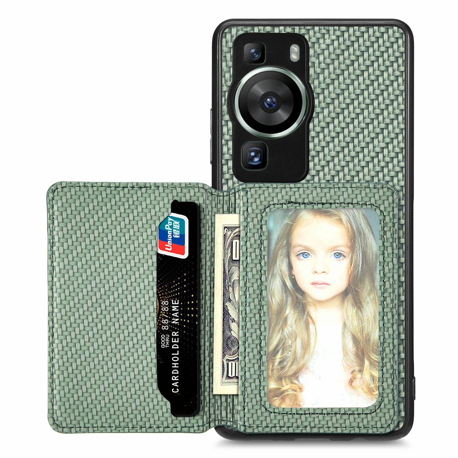 Чехол на Huawei P60 и P60 Pro (Хуавей П60 и П60 Про) с картхолдером, кожаный чехол с карбоновой текстурой(зеленый)