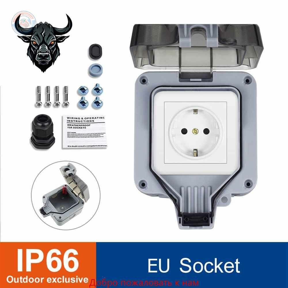 Уличная розетка IP66 с защитной крышкой, садовая влагозащищённая электророзетка 16А с заземлением, накладная наружная установка для дачи и участка