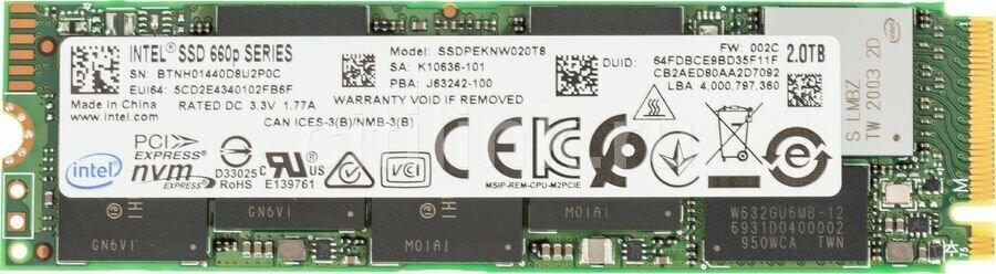 2048 ГБ SSD M.2 накопитель INTEL 660P (SSDPEKNW020T8X1) - PCI-E x4, чтение - 1800 Мбайт/сек, запись - 1800 Мбайт/сек, QLC 3D NAND, NVM Express