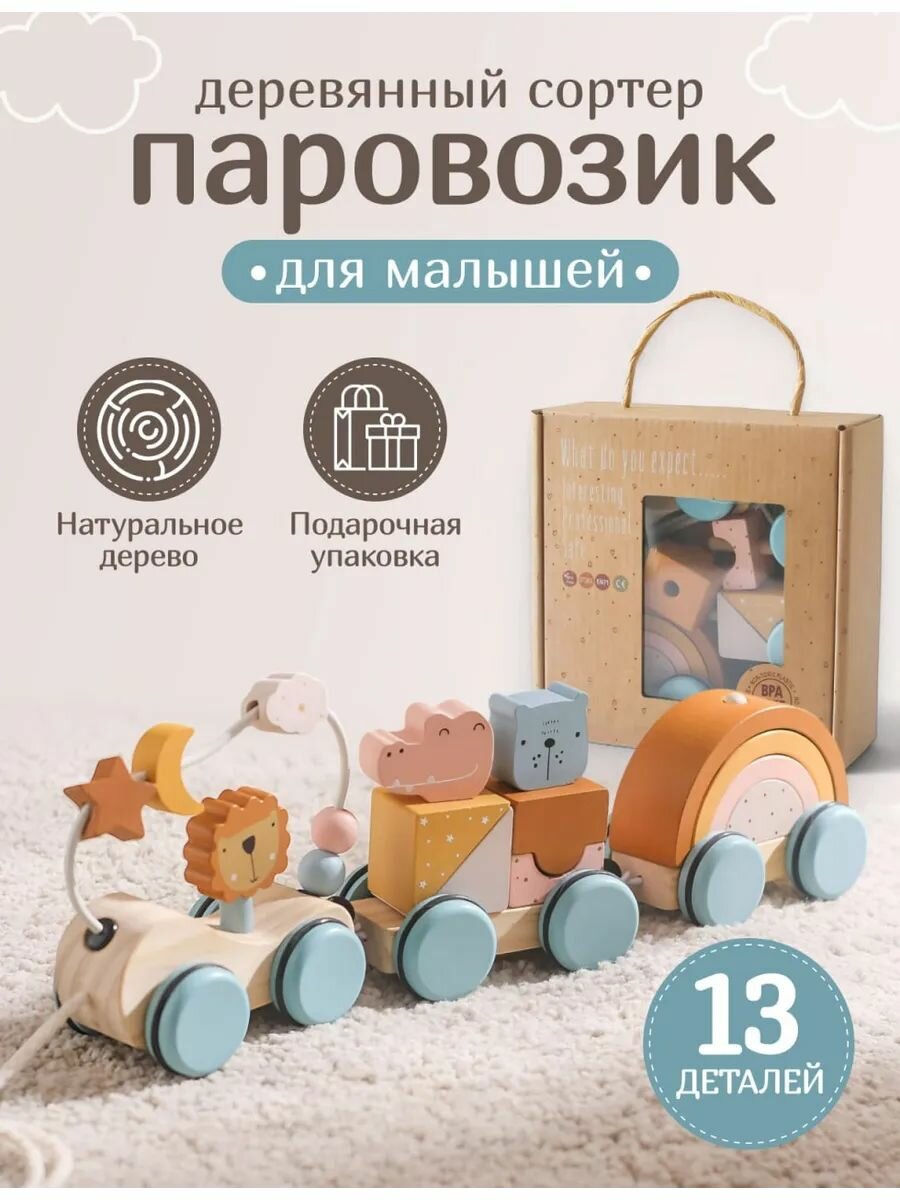 Деревянный паровозик сортер Монтессори для малышей