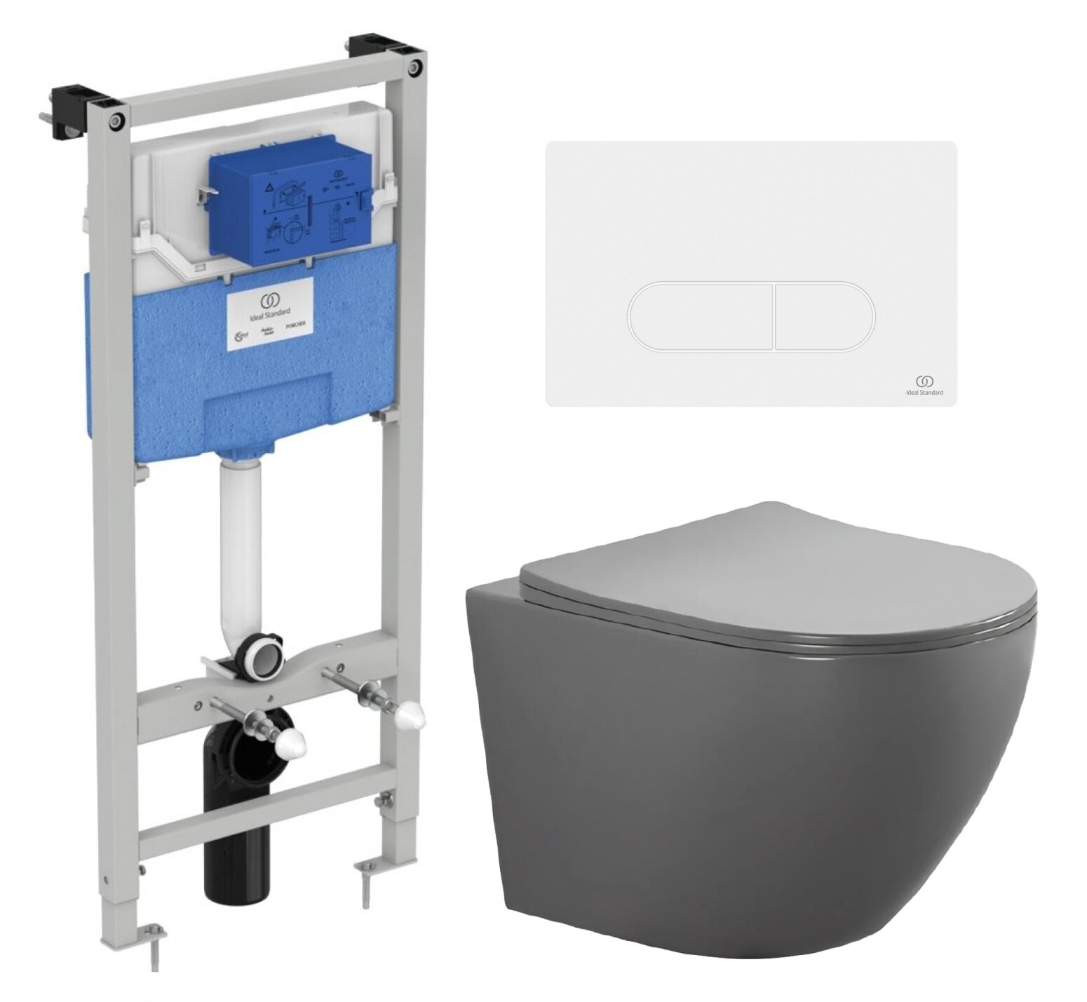 Комплект 3 в 1 инсталляция Ideal Standard + Унитаз подвесной AQUATEK Европа AQ1901-MG + кнопка белая