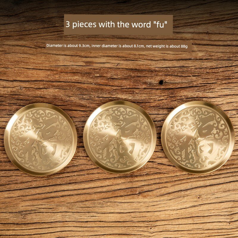 Бронзовый подстаканник с узором 'фу' (счастье), комплект из 3 шт, термостойкий нескользящий круглый поднос