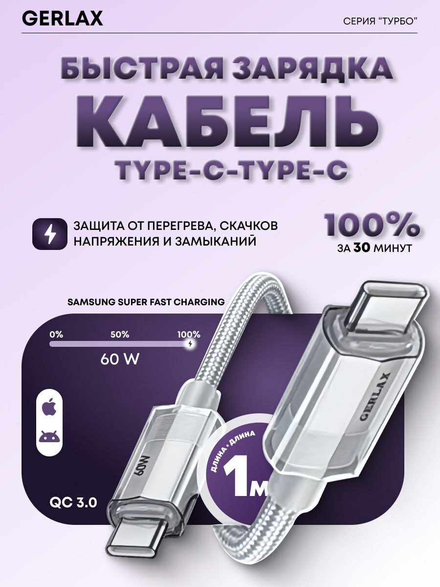 Турбо зарядка: Кабель GERLAX Type-C-Type-C 6A в усиленной нейлоновой оплетке/быстрая зарядка для Айфон 17,16,15 и Андроид