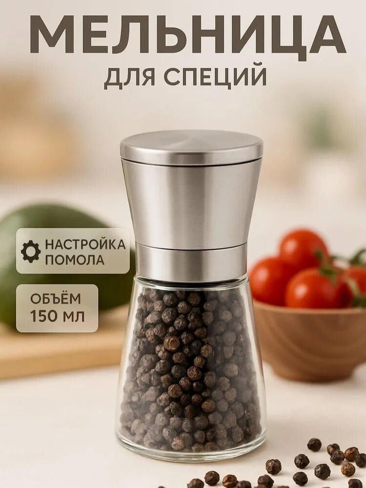 Мельница для специй механическая UR HOME для перца, соли, ручная, серебристая 150 мл, 1 шт