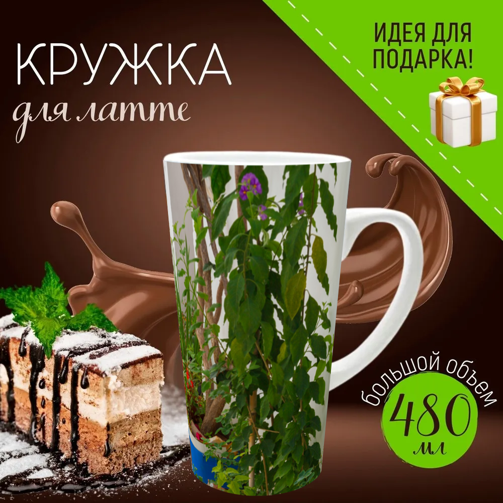 Кружка латте керамическая большая для чая и кофе с прикольным принтом "Цветы в горшках в Греции Различные цветы в горшках на улице в Греции архитектура строительство." 500 мл.