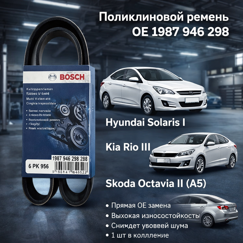 Ремень поликлиновой Bosch 1987946298 (6PK956) для Hyundai Solaris I, Kia Rio III, Skoda Octavia A5