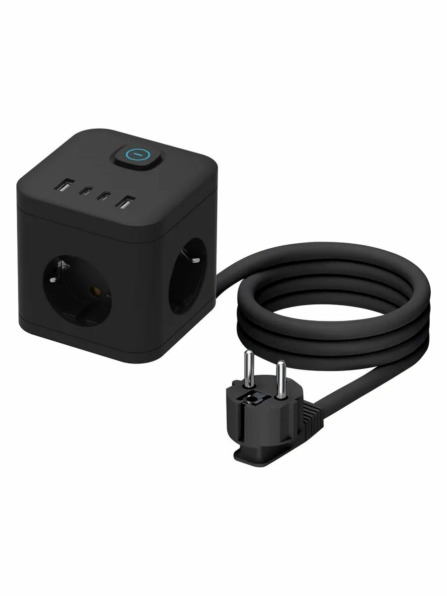 Удлинитель электрический ЭРА CUBE-3es-1,5m-4USB-B куб с заземлением и выключателем, 3 розетки+4xUSBA+C 1,5м 16А черный