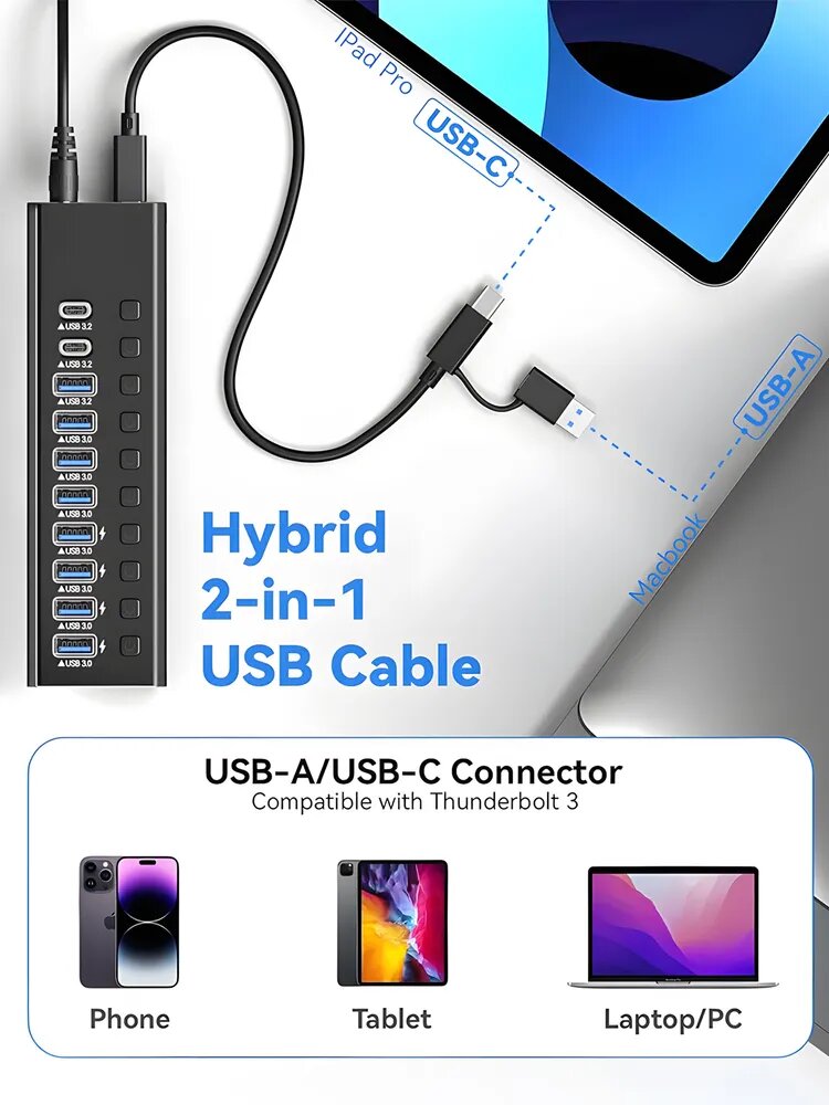 USB-концентратор Gsmin Активный на 10 портов USB 3.0/3.1/3.2 Type-C Черно-серый — фото 1