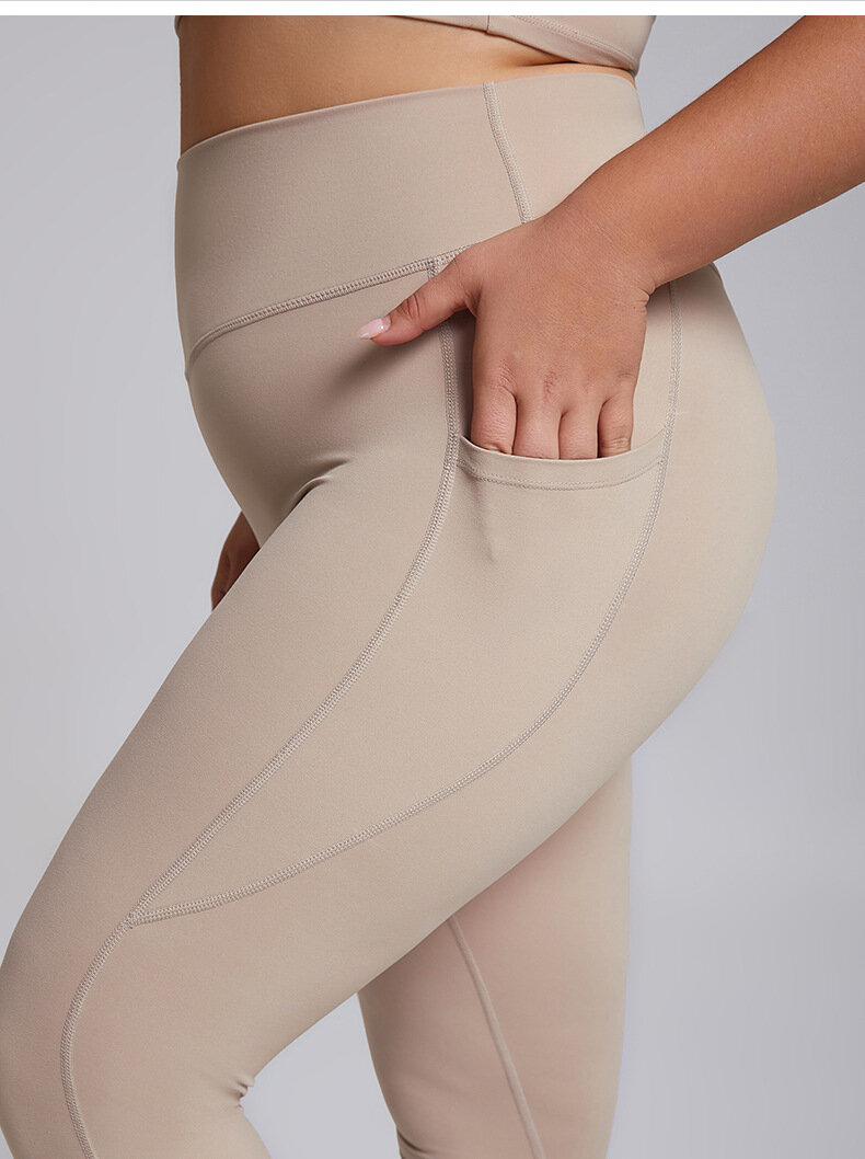 Костюм для йоги телесного цвета большого размера, спортивная одежда из двух частей в обтяжку с карманами,50/2XL