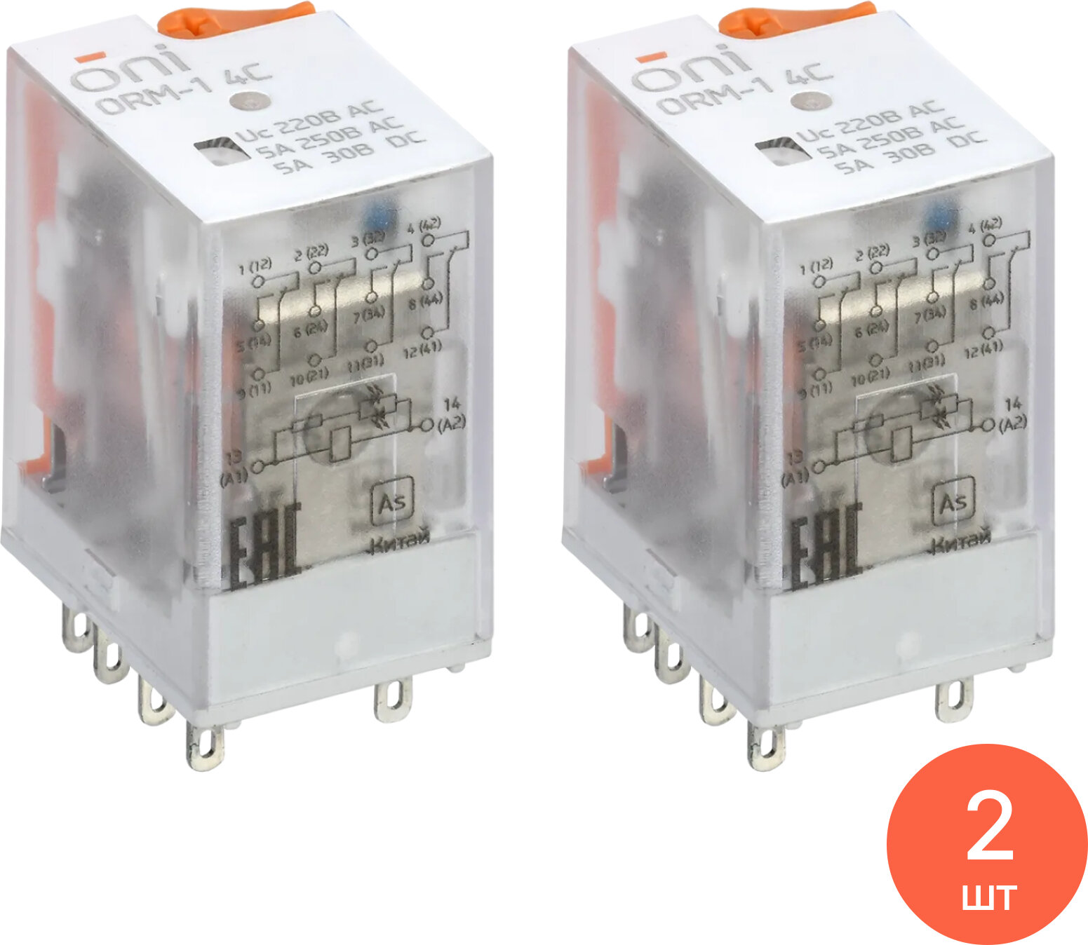 Реле промежуточное ONI / ОНИ ORM-1 со светодиодом и тестовой кнопкой, 21x27x36мм, 5А 220В АC, ORM-1-4C-AC220V-L-B / электрика (комплект из 2 шт)