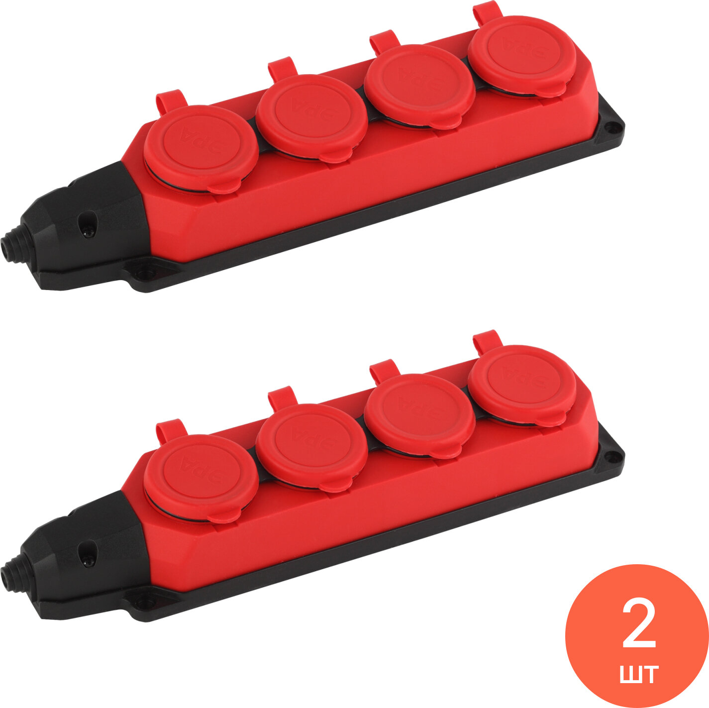 Блок розеток ЭРА K-4e-RED-IP44, 4 гнезда 16A с заземляющими контактами каучук, красный Б0044553 / колодка электрическая для удлинителя (комплект из 2 шт)