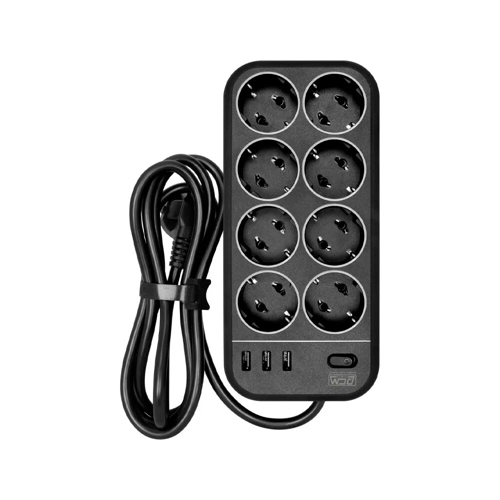 Сетевой фильтр POWERCOM SP-08 USB03AB 3,0 m, 8 розеток, черный, коробка 1928707