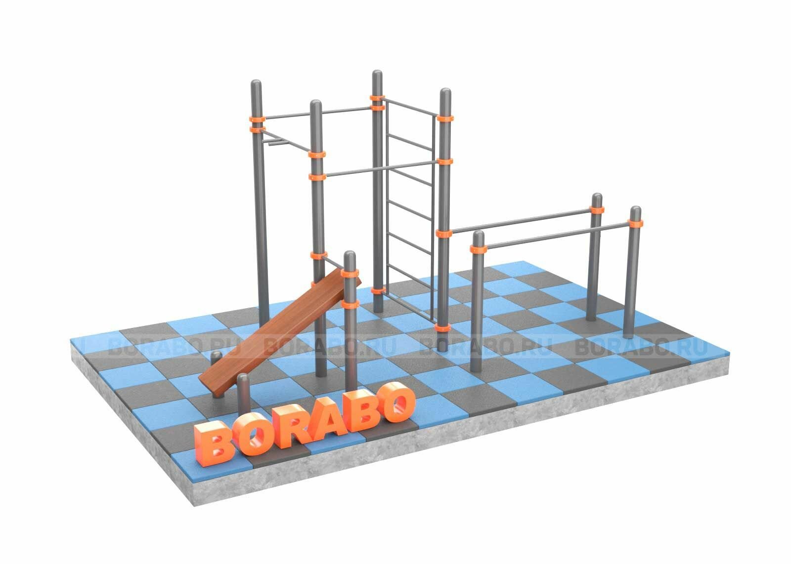 Спортивная игровая площадка со скамьей для пресса, лестницей, тремя турниками и брусьями BW-32-М