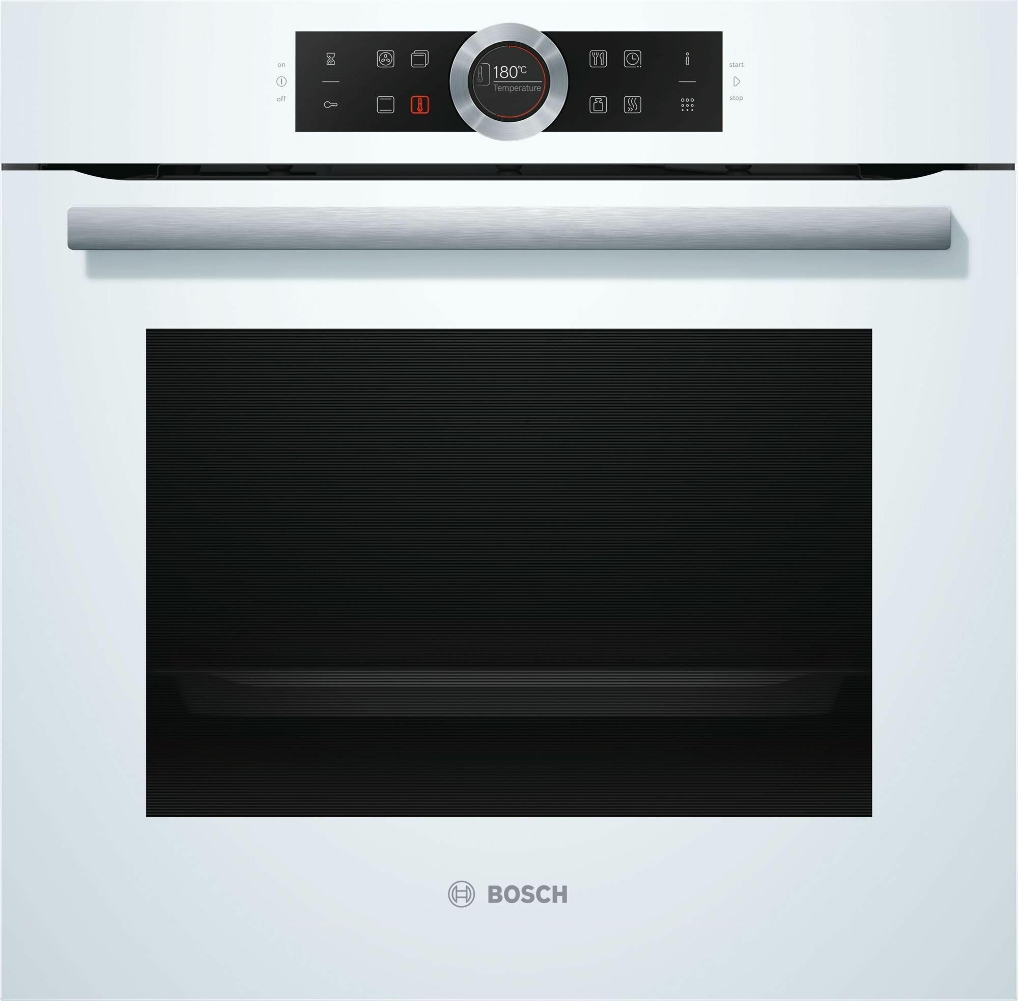 Встраиваемая газовая духовка Bosch 59.5x59.5x54.8 см, 71л, дисплей, 8 режимов, пиролиз, 4 стекла, белый HBG672BW1F