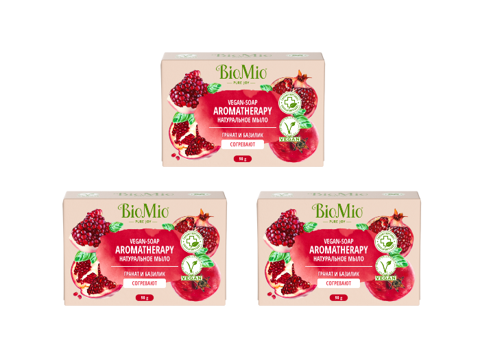 BioMio BIO-SOAP Натуральное твердое веганское мыло. Гранат и эфирное масло базилика, 90 г * 3шт